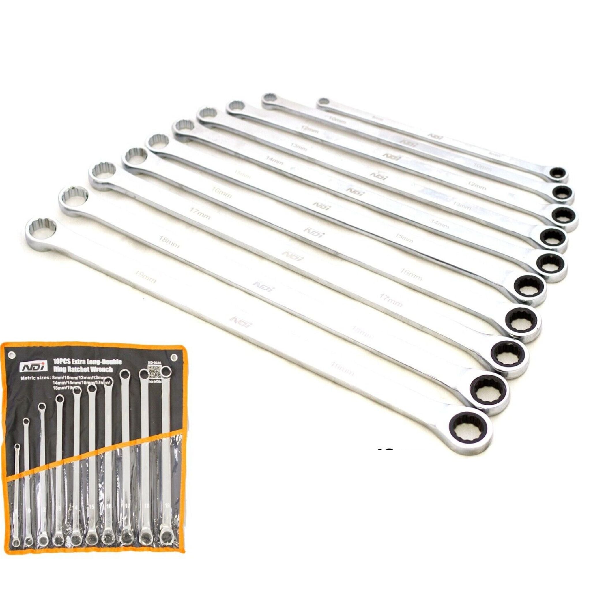 Buy 10 piece Extra Long Double Ring Cr-V Ratchet Wrench Spanner Set ...