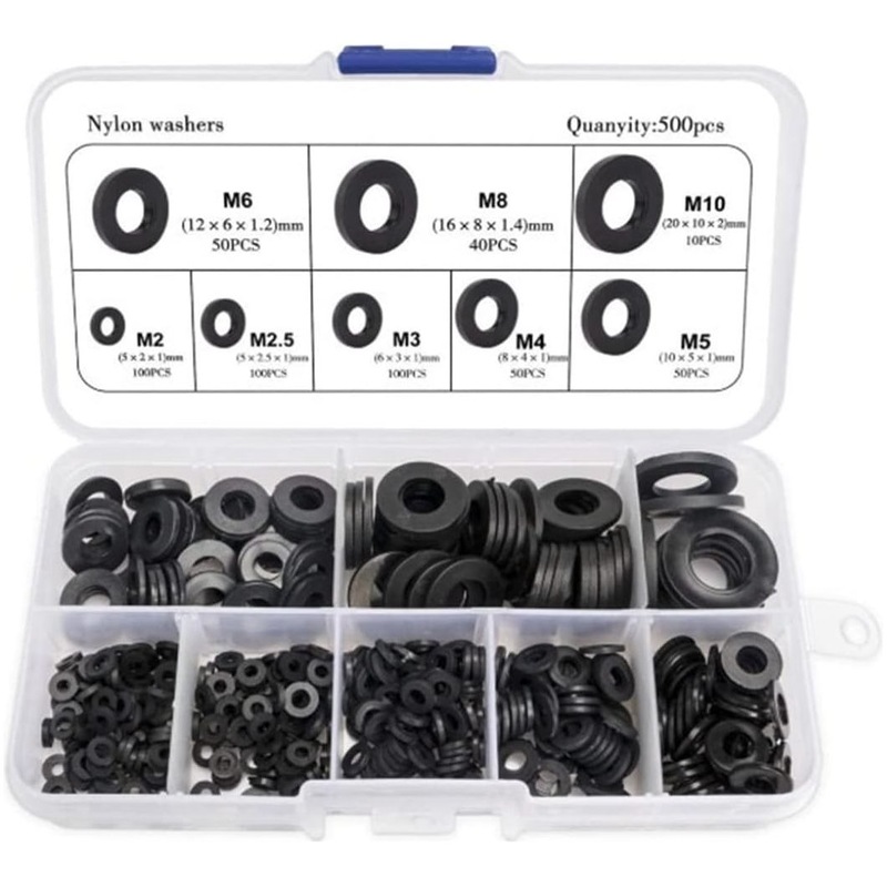 Buy 500 Piece Black Nylon Sealing Washer Flat Assortment Kit - 8 Sizes ...