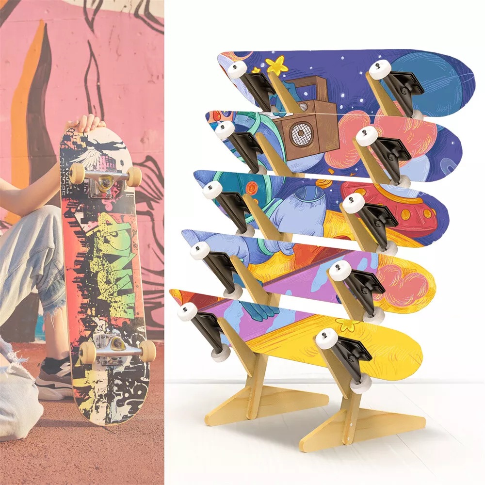 Buy Floor Skateboard Rack Five-Layer Wooden Skateboard Storage Floor ...