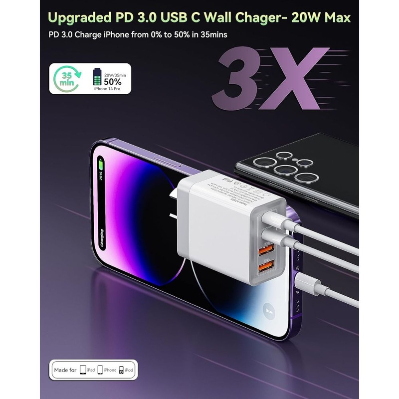 Buy USB C Fast Charger, 40W Dual USB-C Wall Charger, 4-Port 20W USB C ...