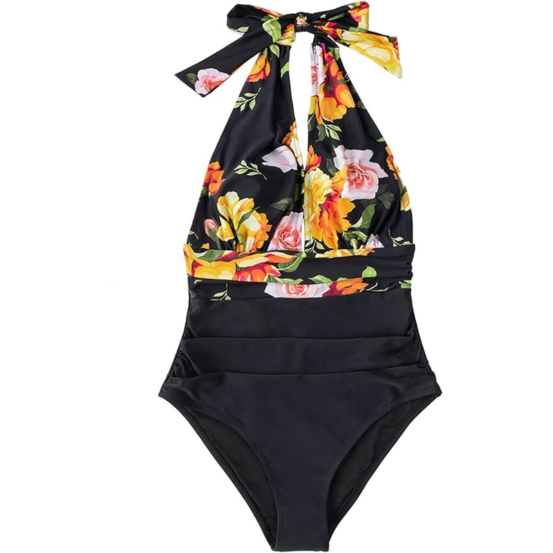 Buy Navy Floral Deep V Neck Halter One Piece Swimsuit Sexy Backless