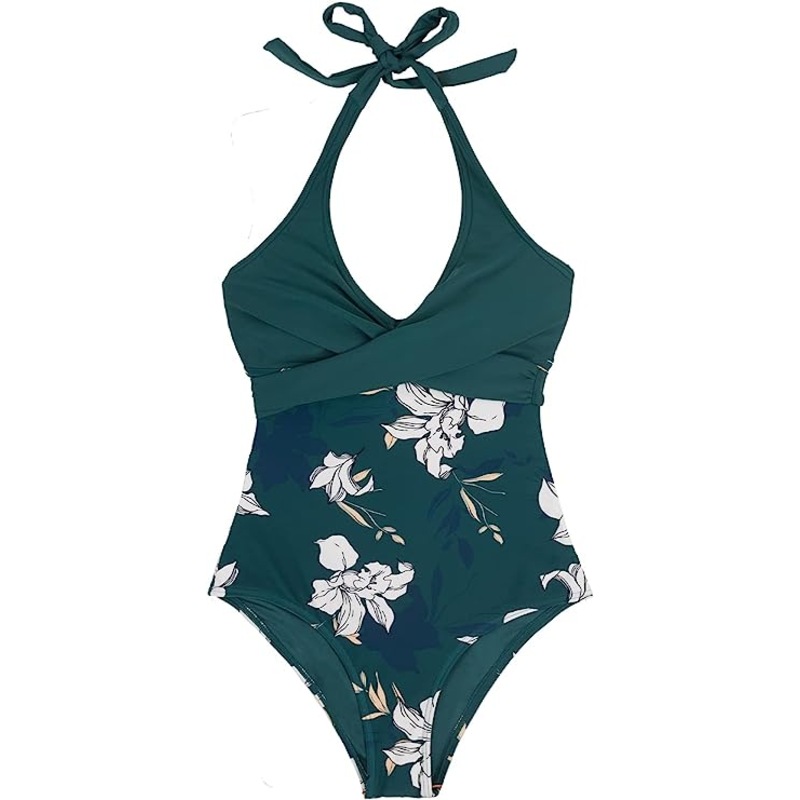 Buy Womens One Piece Swimsuit Halter Deep V Neck Floral Self Tie Back