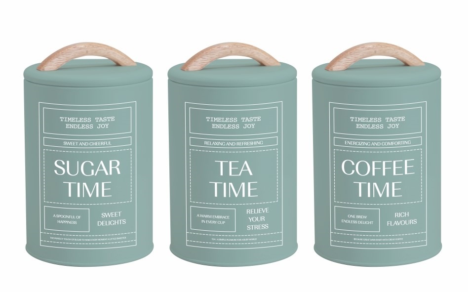 Buy Set 3 Sage Green Metal Coffee Tea Sugar Storage Tins 11x19cm ...