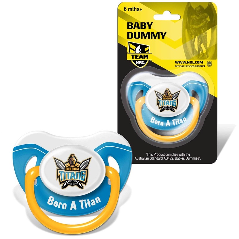 Buy Gold Coast Titans NRL Baby Dummy Pacifier Born a Titan - MyDeal