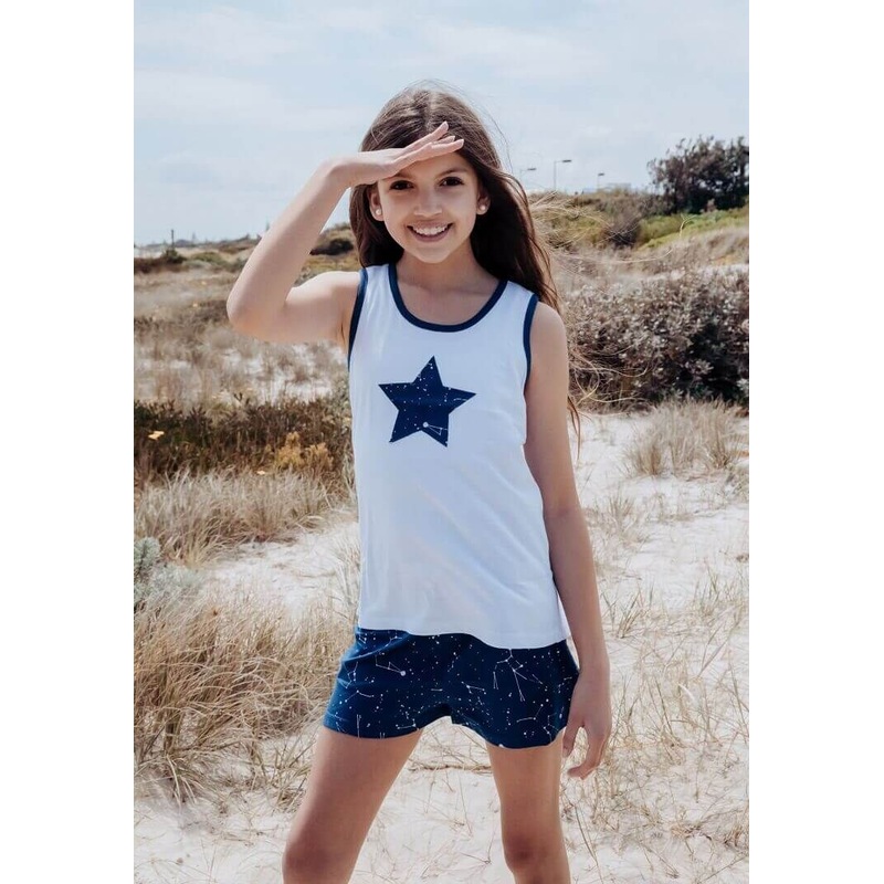 Buy Girls PJS Sizes 8-14 Summer Cotton Singlet Short Pyjamas White Navy ...