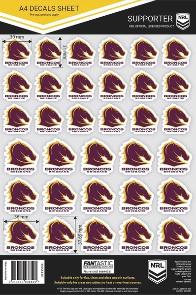 Buy NRL A4 Decal Sheet - Brisbane Broncos - Sticker - MyDeal Australia