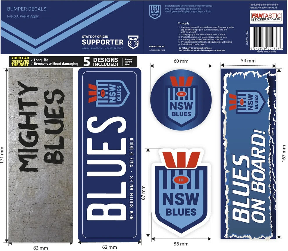 Buy NRL Bumper Decal Sheet Set - NSW Blues - Team Logo Sticker - 170mm ...