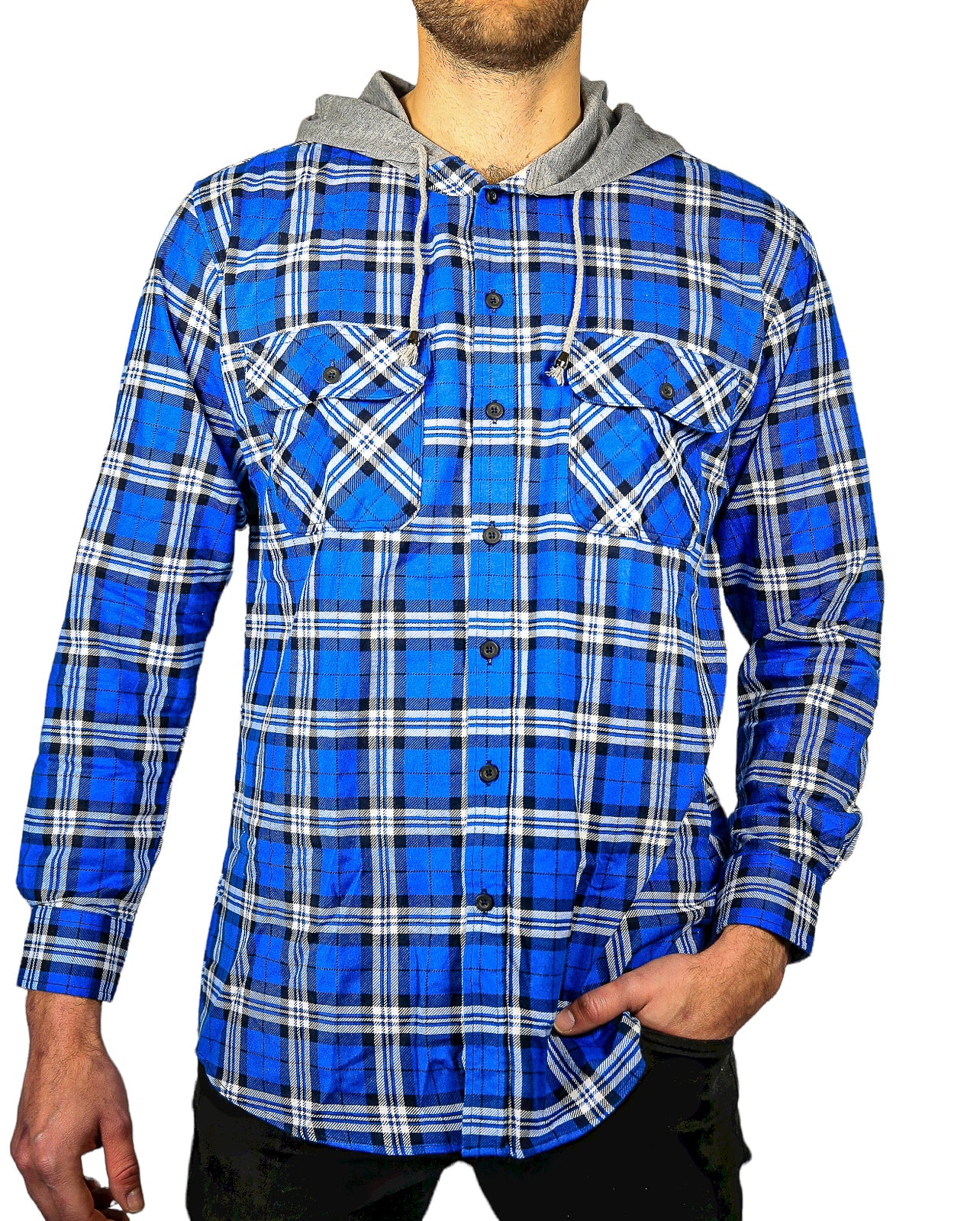 Buy Mens Cotton Flannelette Shirt w Jersey Hood Long Sleeve Flannel ...