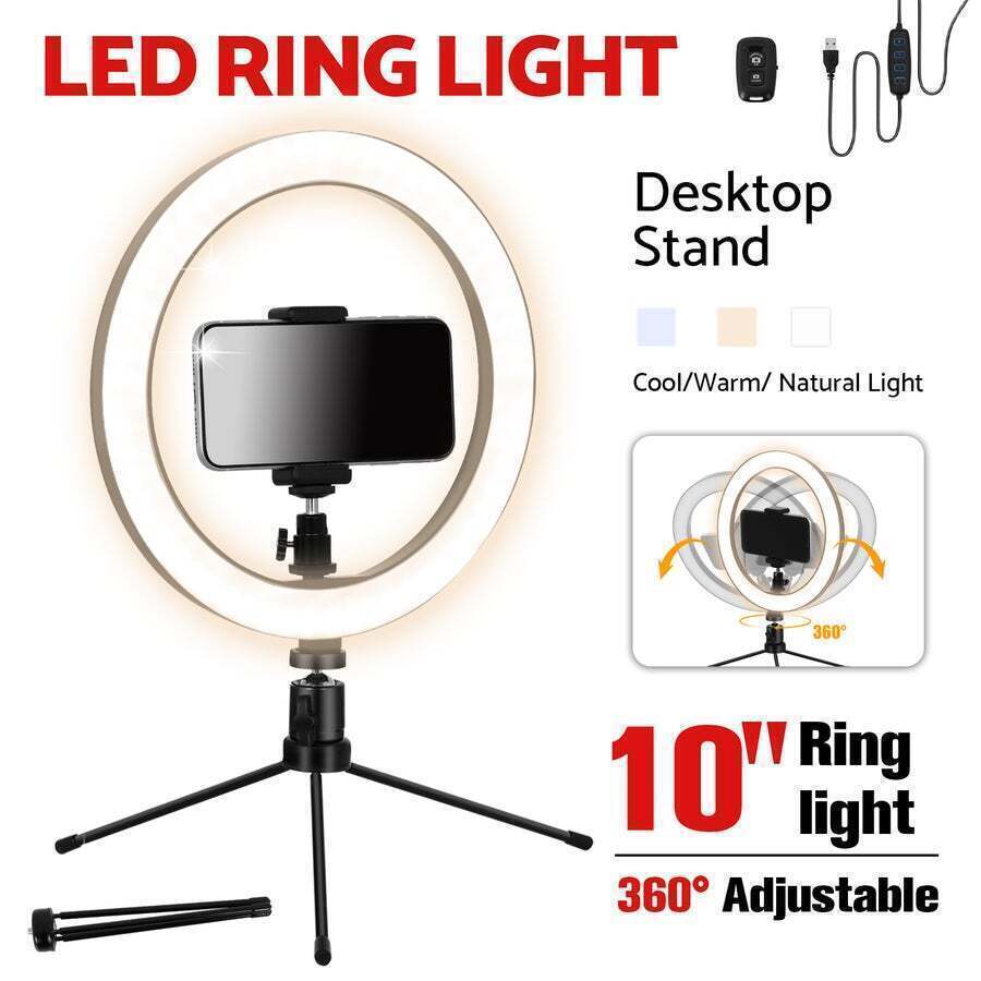 Buy 10 Inch Desktop Ring Light with Black Tripod Phone Holder LED Ring Light 3 Modes Adjusted ...