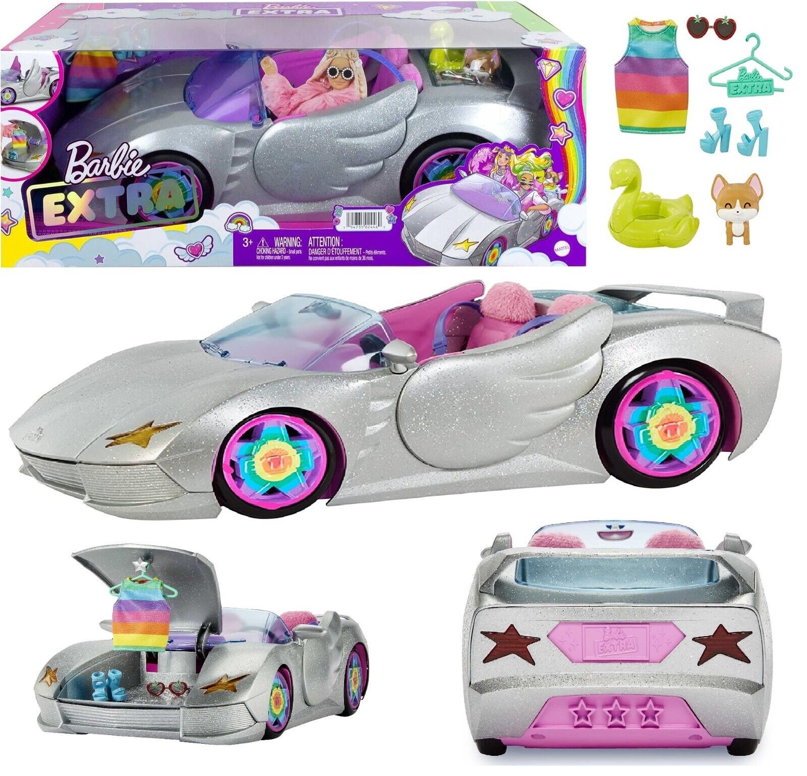Buy Barbie Car Extra Set Sparkly Silver 2 Seater Convertible with Puppy Accessories MyDeal