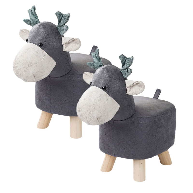 Buy SOGA 2X Grey Children Bench Deer Character Round Ottoman Stool Soft Small Comfy Seat Home ...