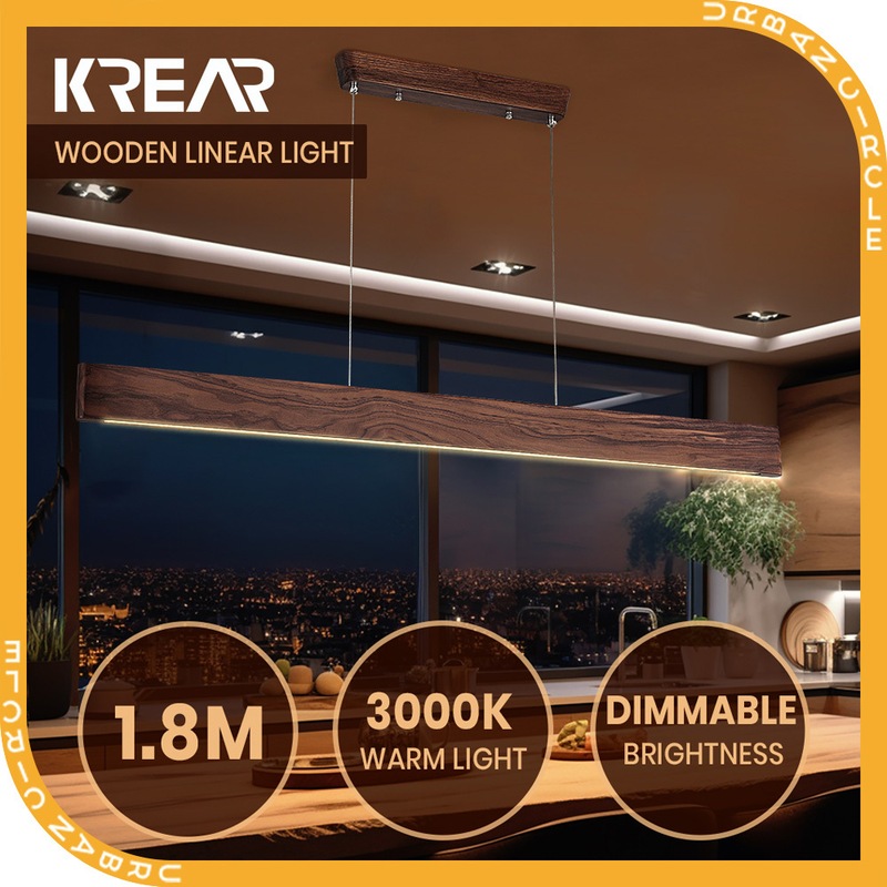 Buy Krear 180CM Wooden Pendant Light Flat Rectangle LED Strips Linear ...