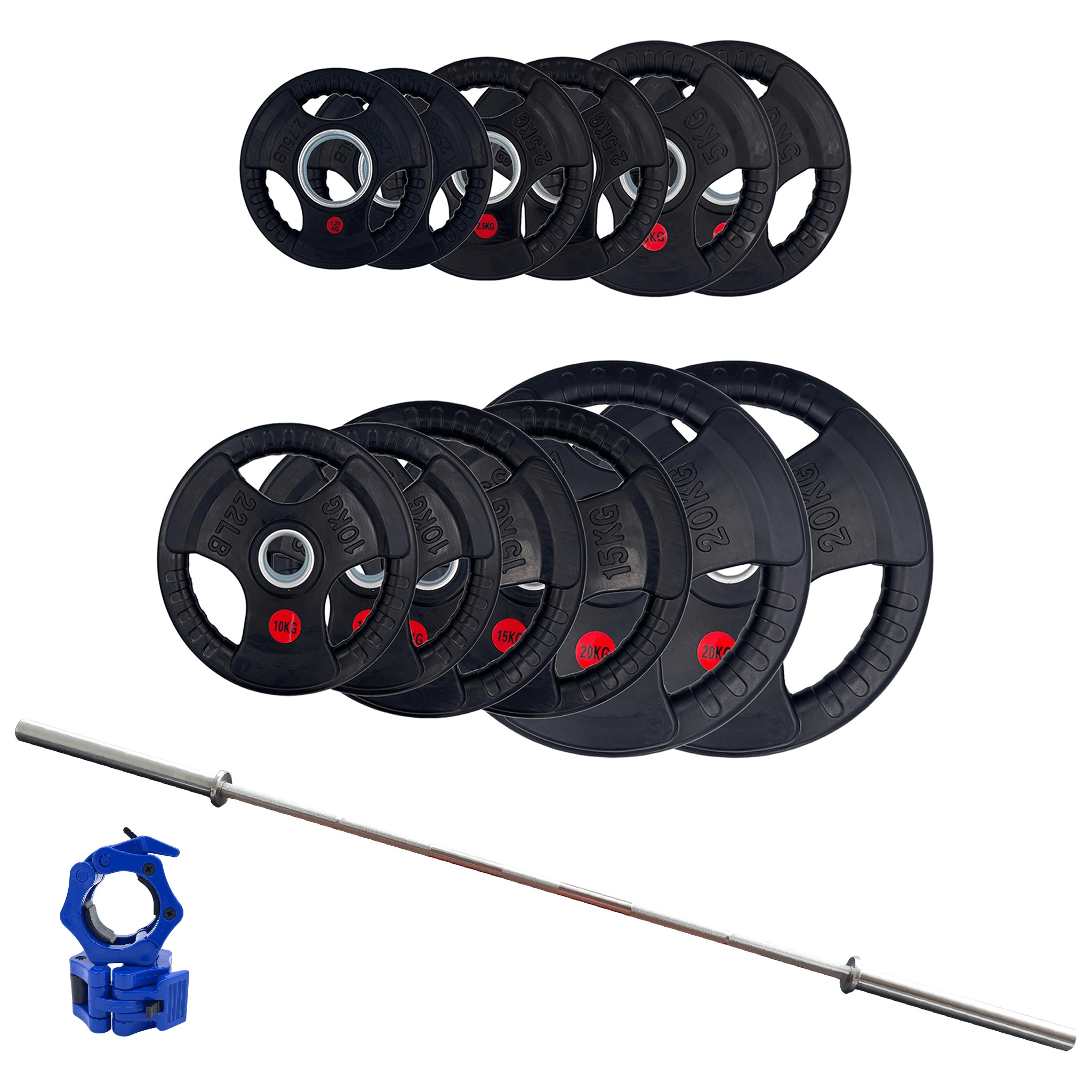 Buy 107.5kg Rubber Tri-Grip Weight Plates and 2.2m Powerlifting Bar ...