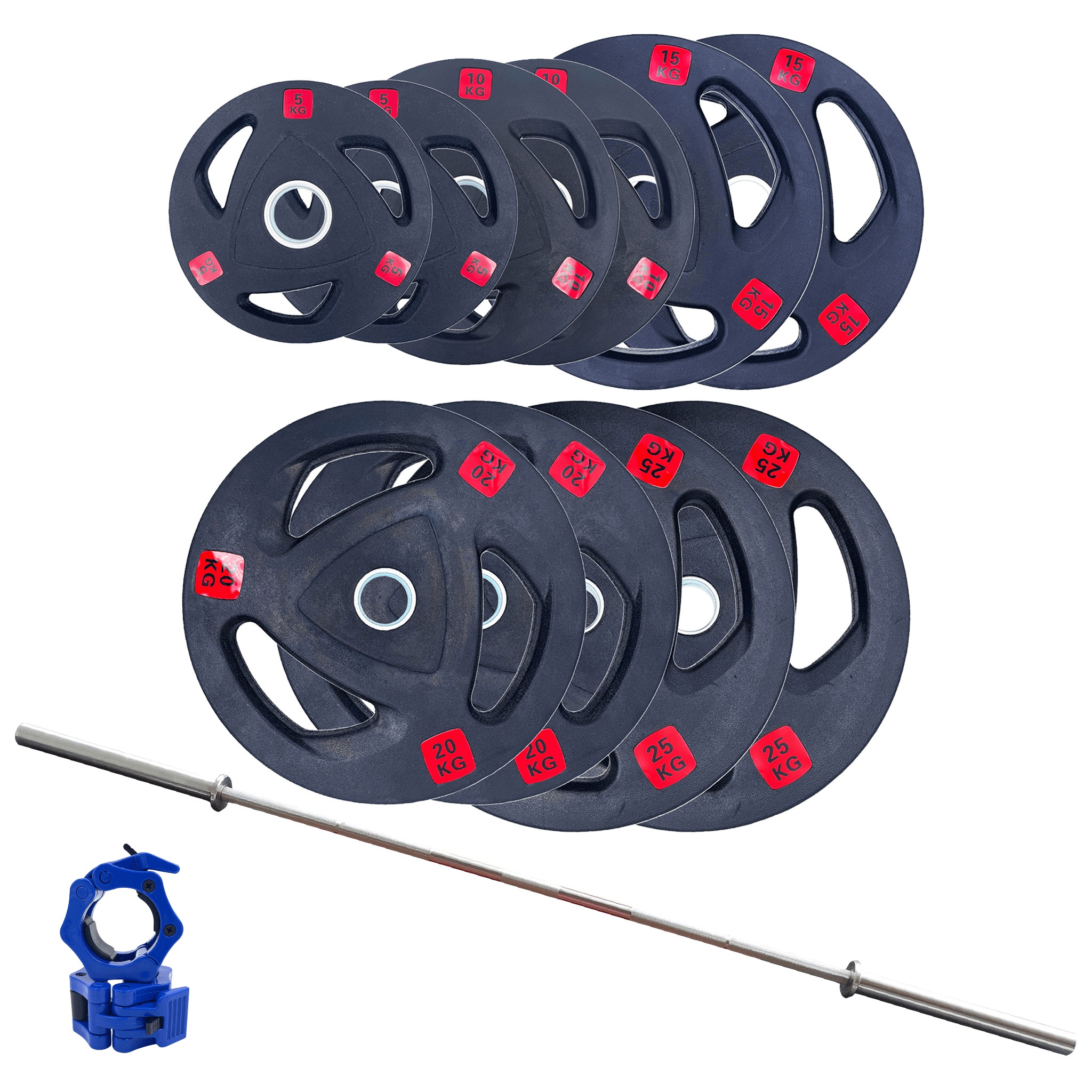 Buy 150kg Rubber Tri-Grip Weight Plates and 2.2m Powerlifting Bar ...