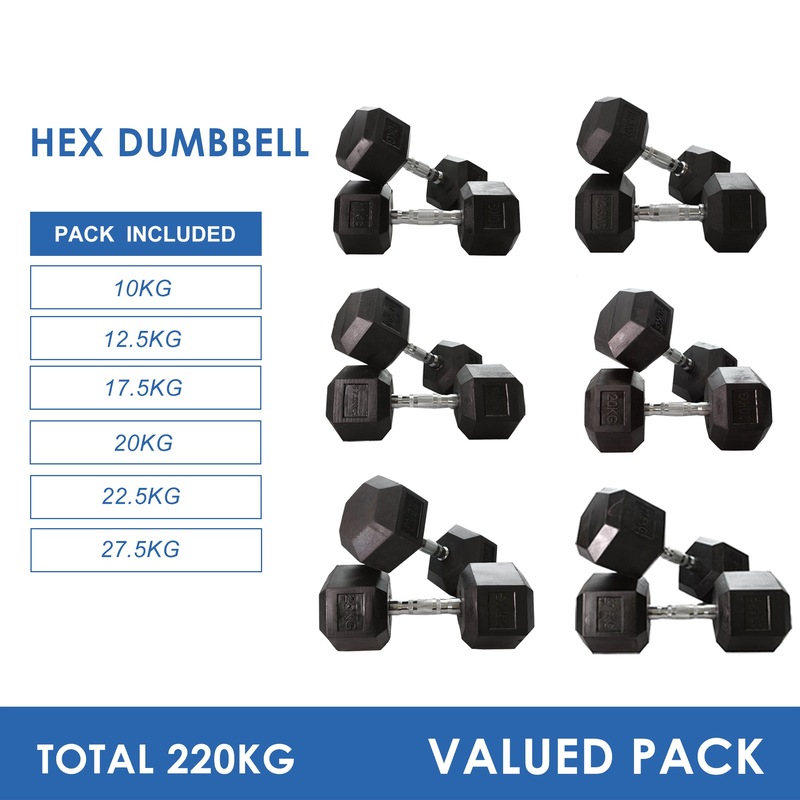 Buy 10kg to 27.5kg Hex Dumbbell Bundle (6 pairs - 220kg) - MyDeal