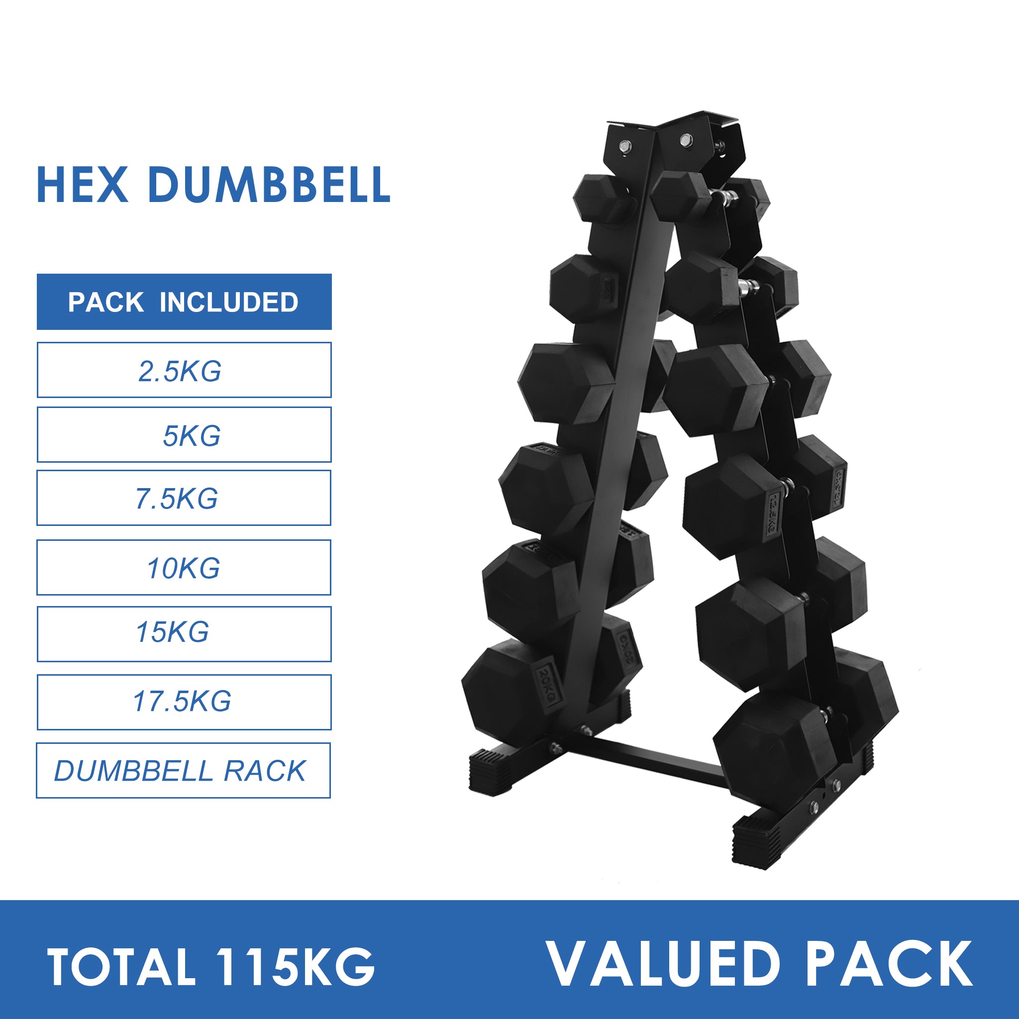 Buy 2.5kg to 17.5kg Hex Dumbbell & Storage Rack Bundle (6 pairs - 115kg ...