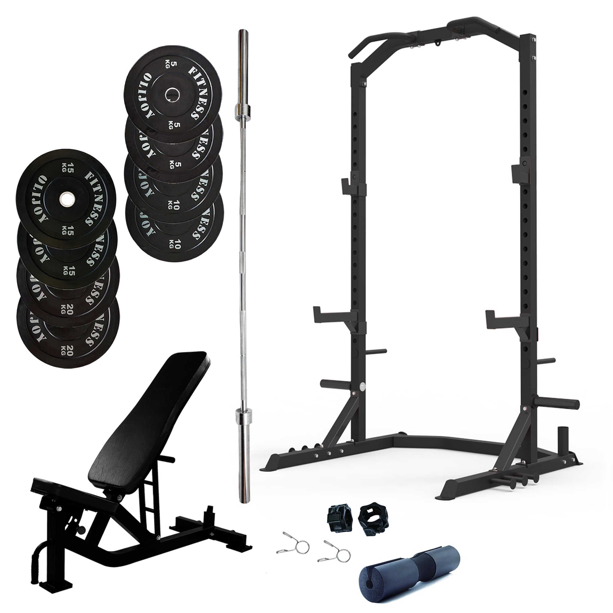 Buy Half Squat Rack Bundle - 100kg Black Bumper Plates, Barbell & Bench ...