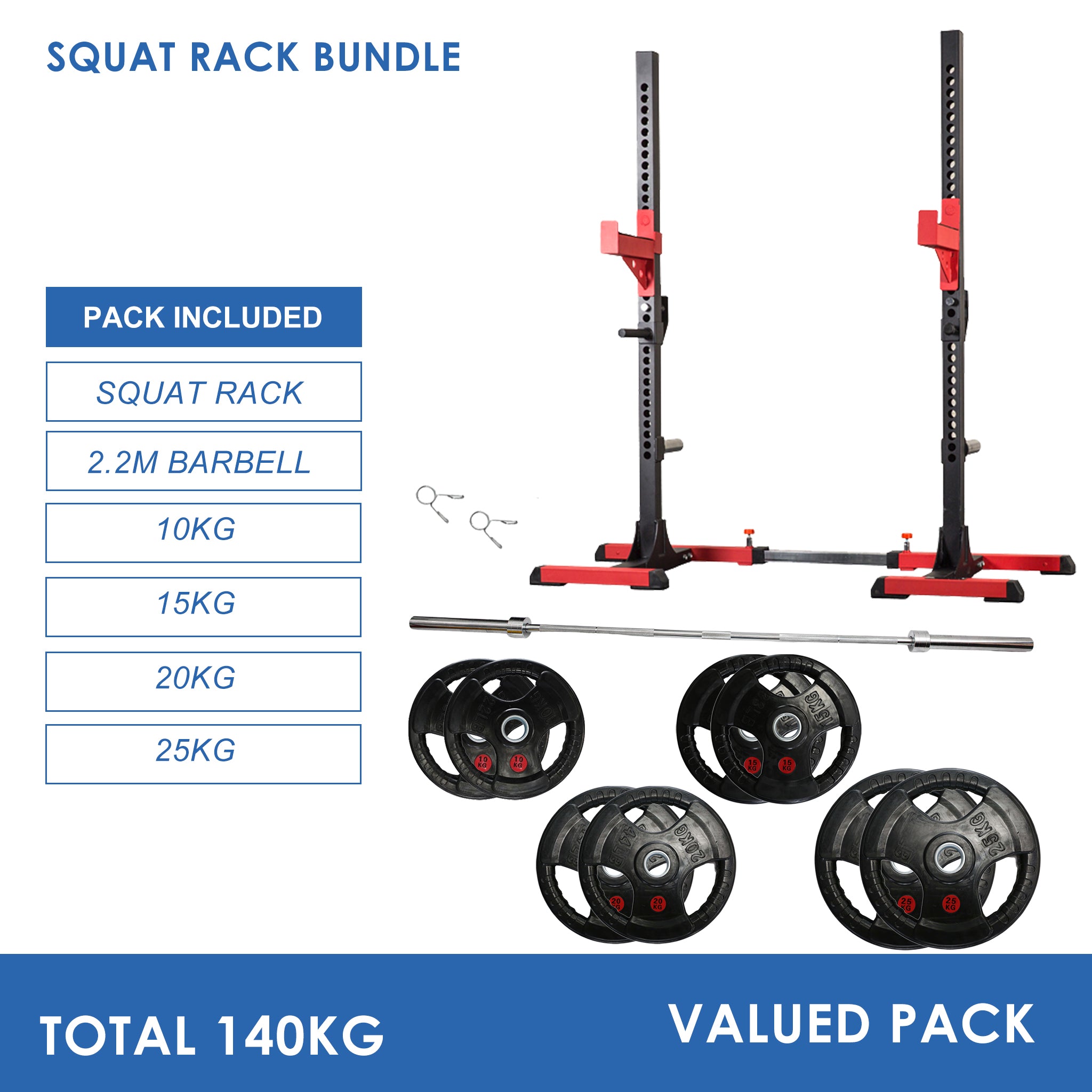Buy Squat Rack Bundle - 140kg Weight Plates& Barbell - MyDeal Australia