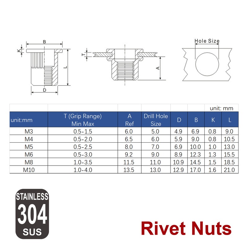 Buy M3 Rivet Nuts Metric Nutserts, 304 Stainless Steel 180pcs, Nut Bolt ...