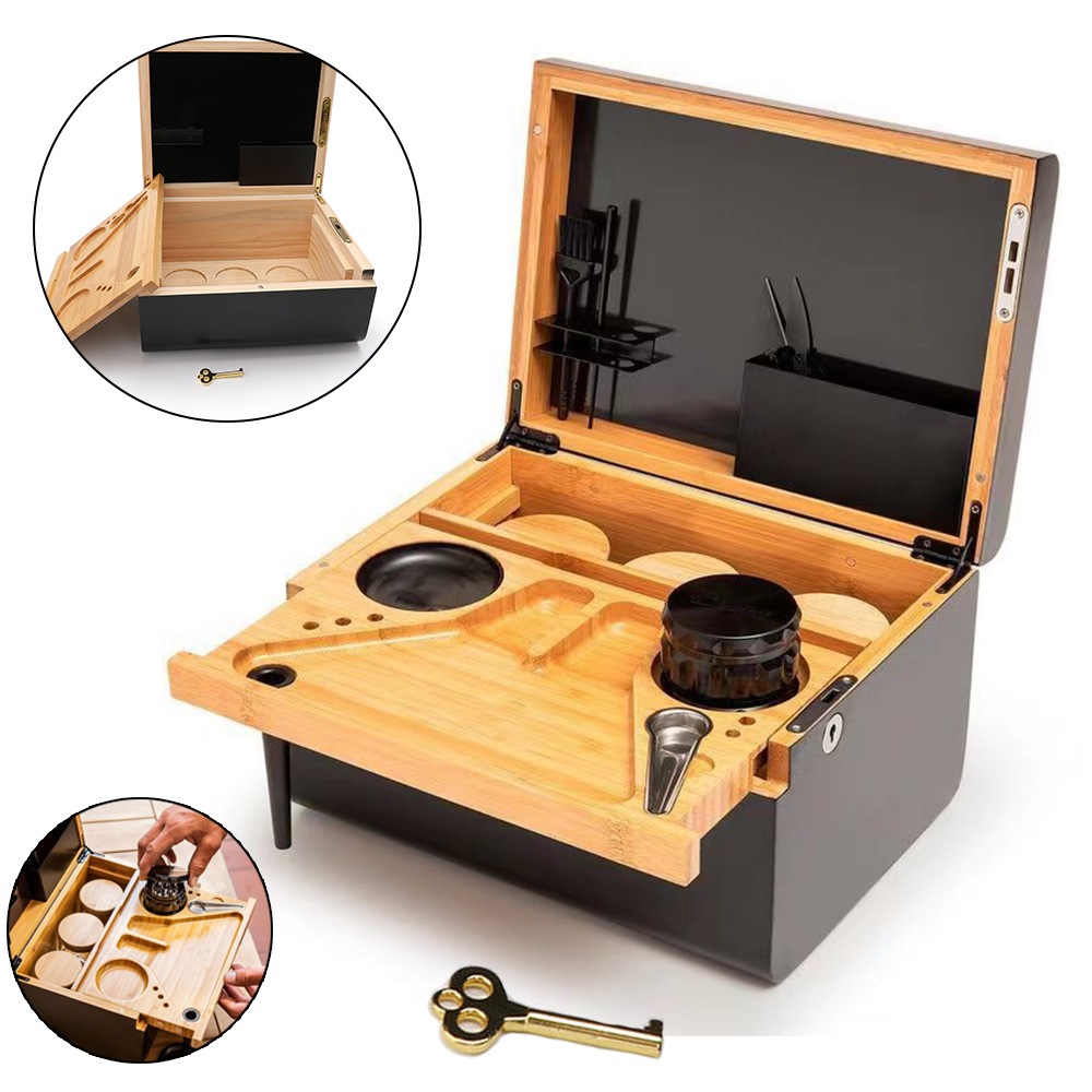 Buy Wooden Storage Chest With Movable Tray Lockable Wood Stash Box ...