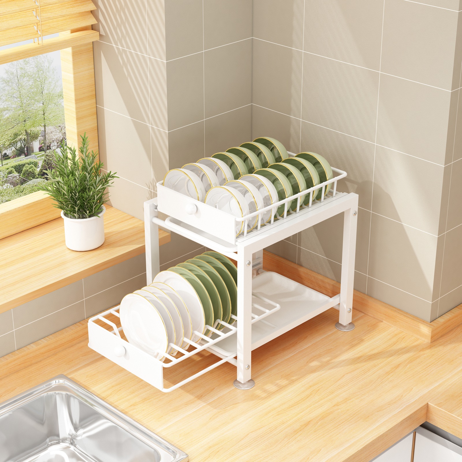 Buy Viviendo 2 layer Square Dish Drying Rack, Carbon Steel Kitchen ...