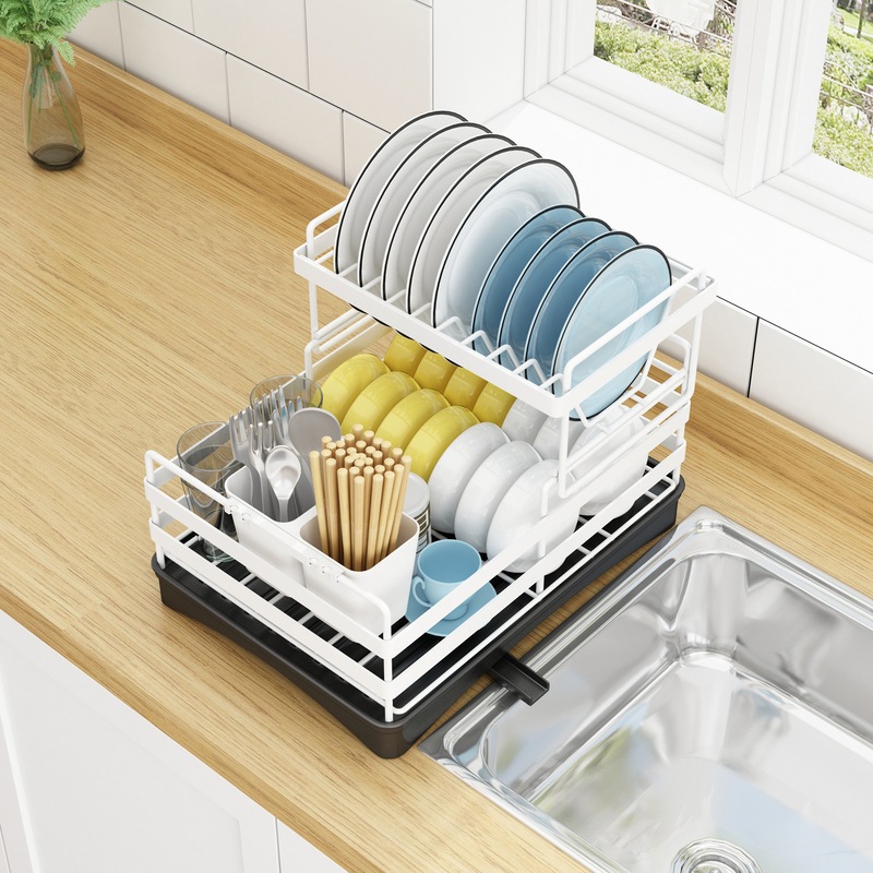 Buy Viviendo 2 tier Dish Drainer Kitchen Counter Dish Rack with Cutlery ...