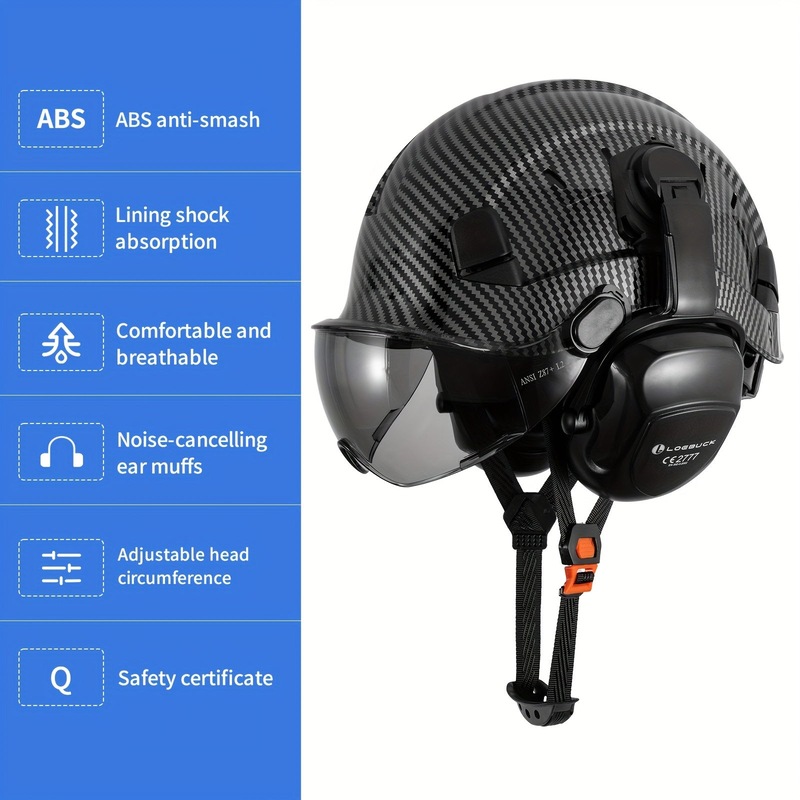 Buy Loebuck Carbon Fiber Safety Helmet With Visor, Earmuffs & Smoked ...