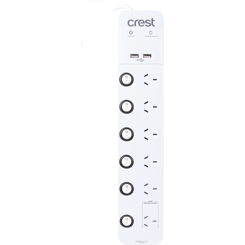 Buy Crest Surge Protection Switched Socket Power Board 2 USB - MyDeal