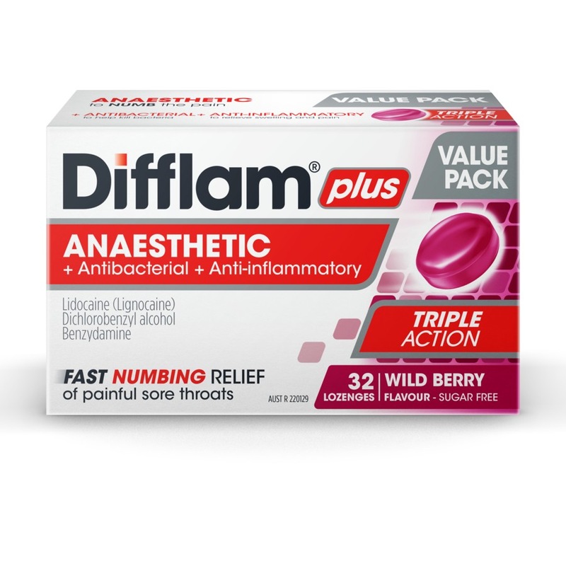 Buy Difflam Plus Anaesthetic Sore Throat Lozenges Wild Berry Flavour 32 ...