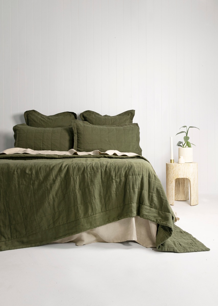 Buy Bambury Luxe Belgian Linen Bed Cover-Coverlet -Olive - MyDeal Australia