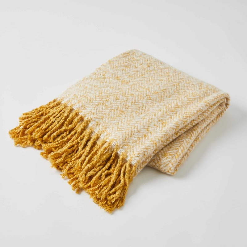 Buy Inner Spirit Herringbone Super Soft Acrylic Fringe Throw - Mustard ...