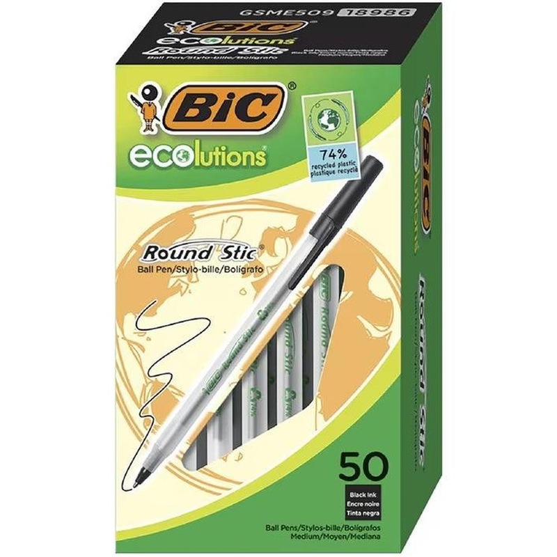 Buy BIC Round Stic ECOlutions Ballpoint Pens 50 Pack Black - MyDeal