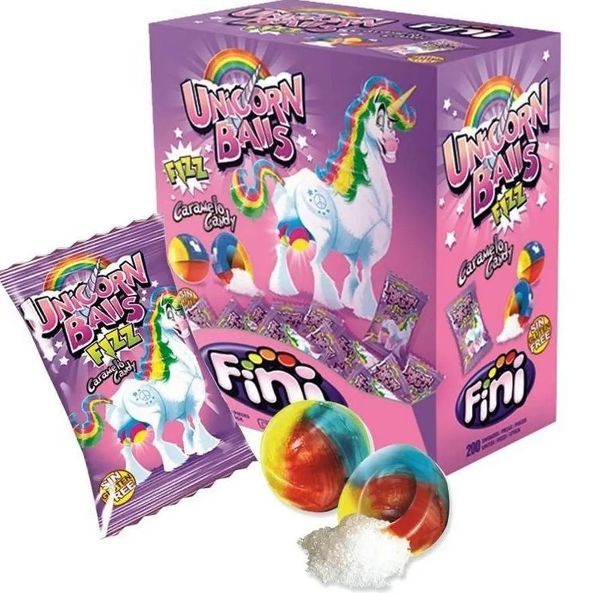 Buy Fini Unicorn Balls Caramelo Fizz Candy Lollies 200 Bulk Box Pack ...