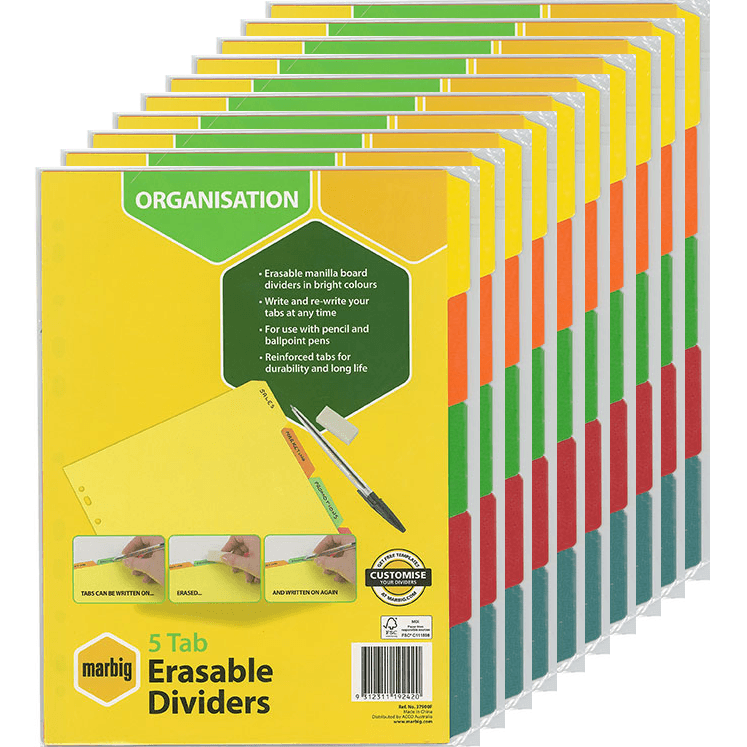 Buy Marbig Divider Erasable Manilla 5-Tab A4 White 10 Pack - MyDeal ...