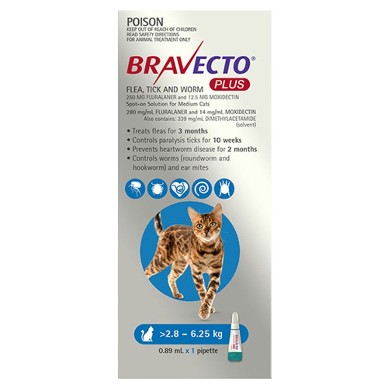 Buy Bravecto Plus For Cats 2.8-6.25 Kg (Blue) 2 Pipettes - MyDeal
