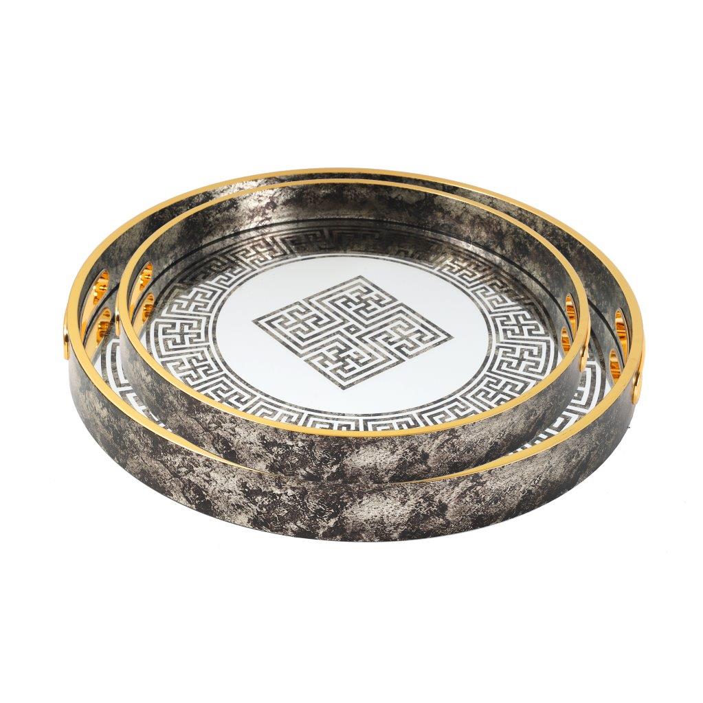 Buy Deco Gold Round Mirror Base Greek Key Print Serving Tray Set of 2 ...