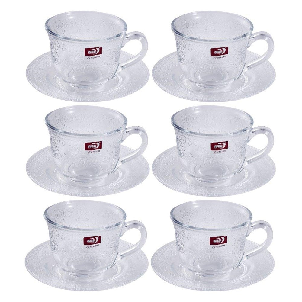 Buy Engraved Design Clear Glass Tea Cup with Saucer Set of 6 190 ml ...