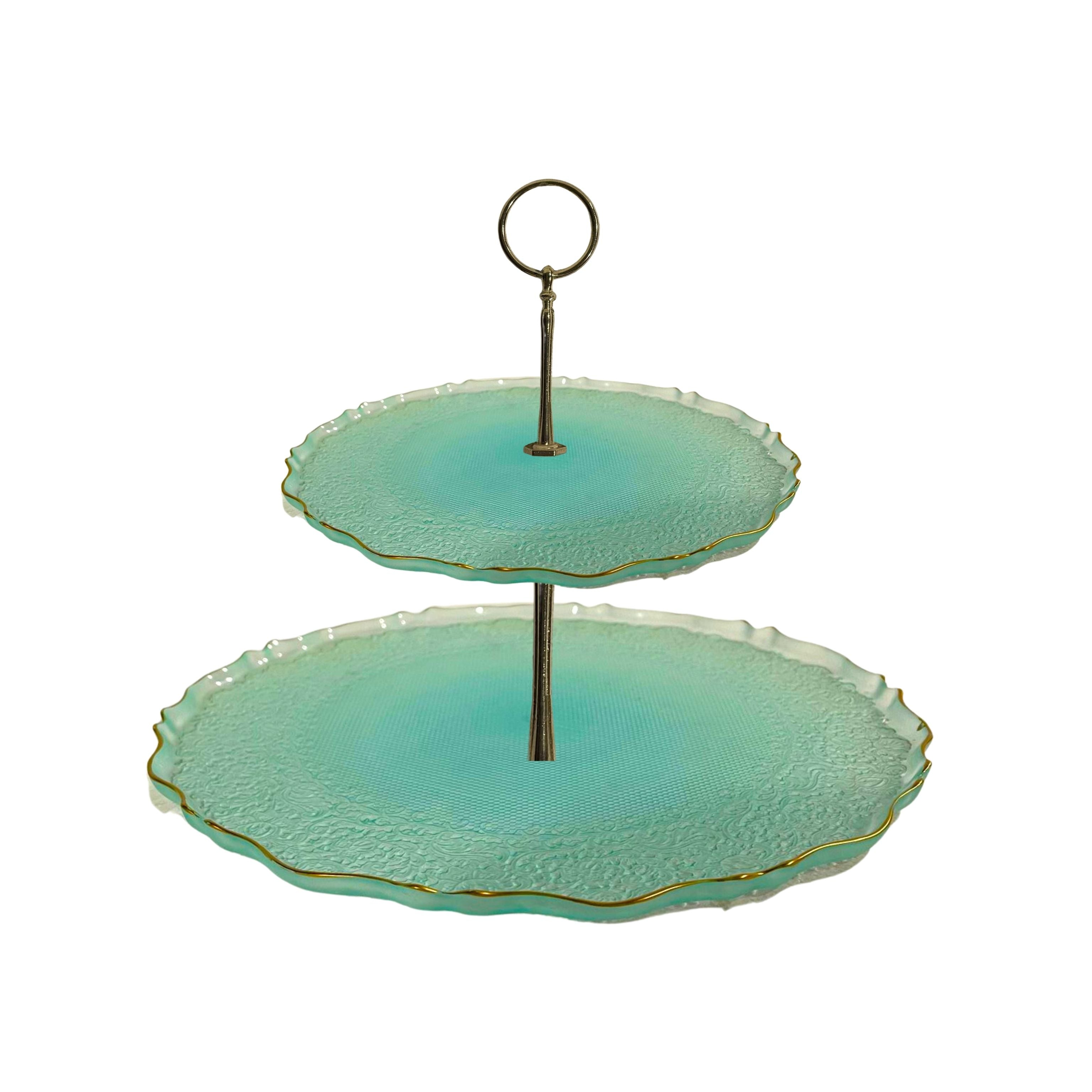 Buy Glasscom Ocean Blue Glass Two Tier Cake Server Gold Stand - MyDeal ...