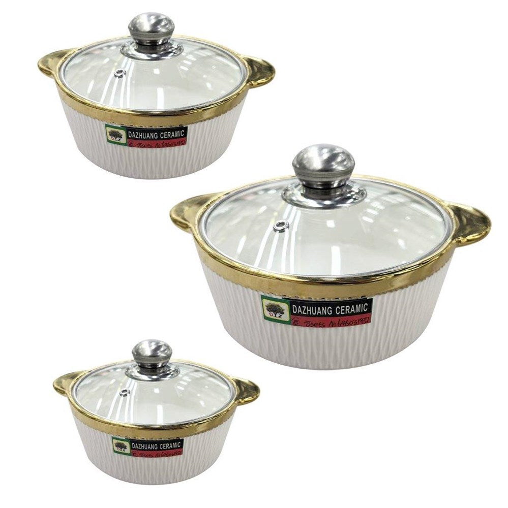 Buy White Ceramic Gold Rim Bowl Fine Porcelain Casserole Set of 3 Pcs 7 ...