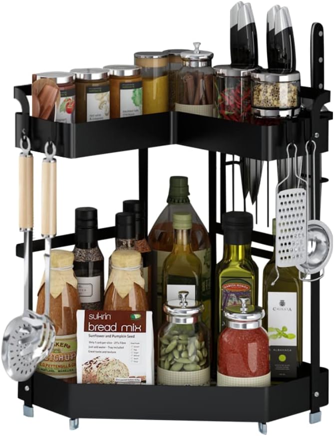 Buy 2 Tier Black Spice Rack Kitchen Corner Organizer Storage Hooks ...