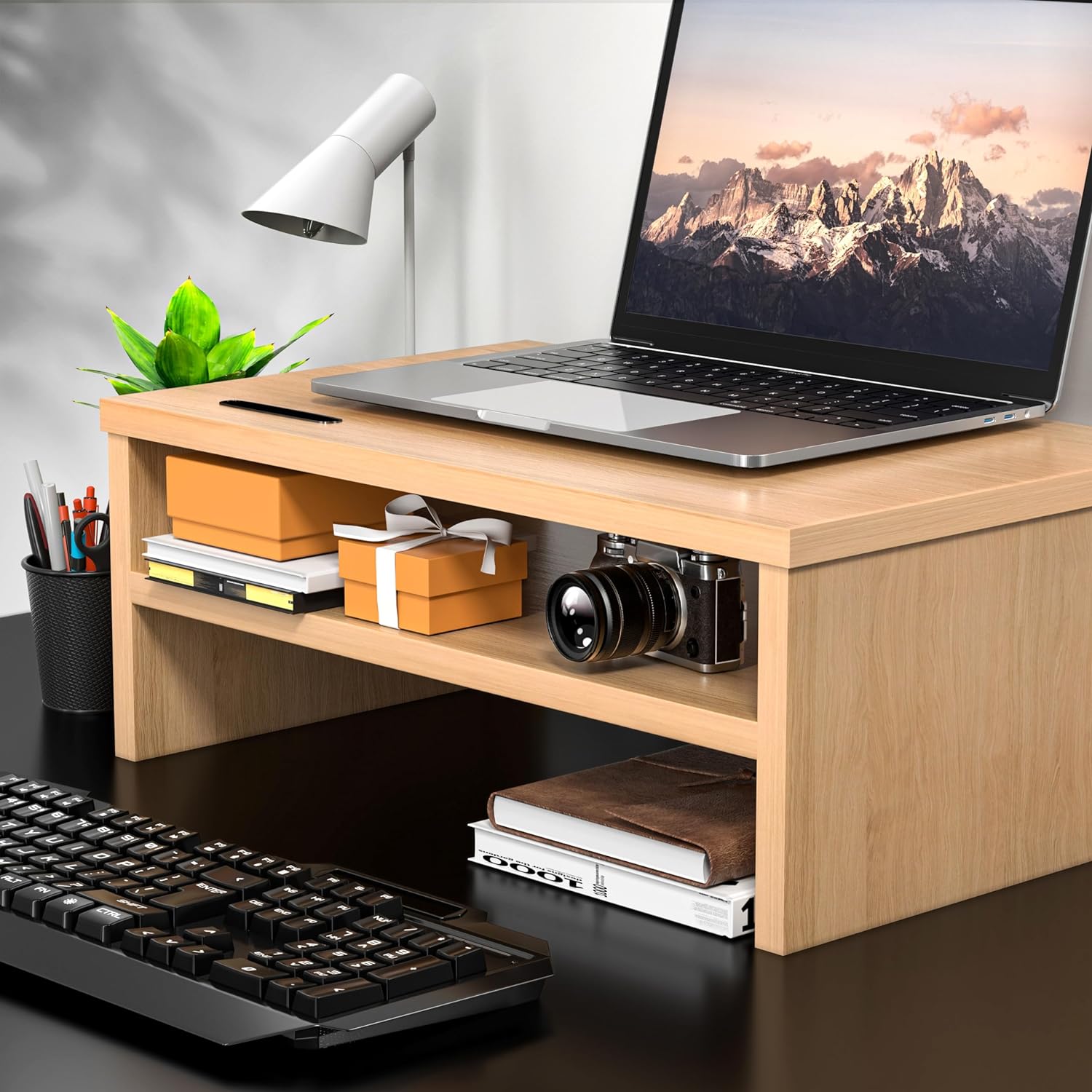 Buy 2-Tier Wood Monitor Stand with Cellphone Holder - Ergonomic Desktop ...