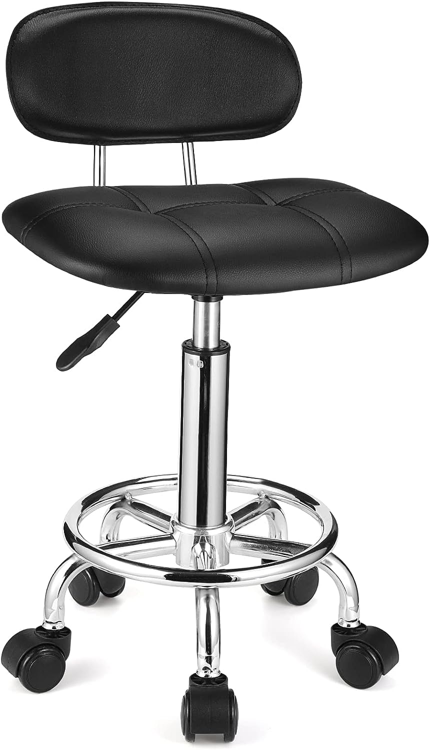 Buy Adjustable Swivel Stool with Backrest and Wheels - Black Square ...