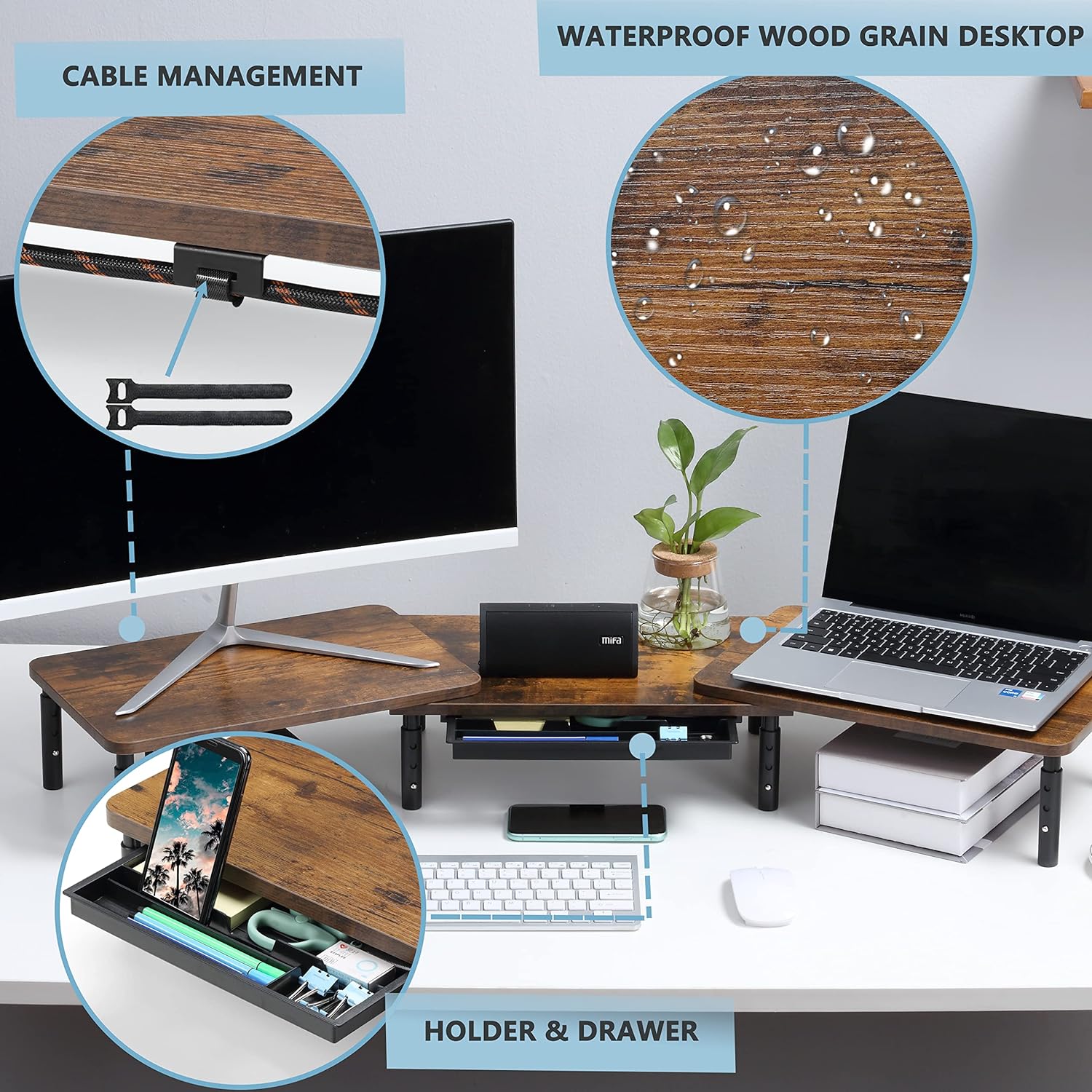 Buy Dual Monitor Stand Riser 2 Monitors Storage Drawer 3 Shelves PC ...