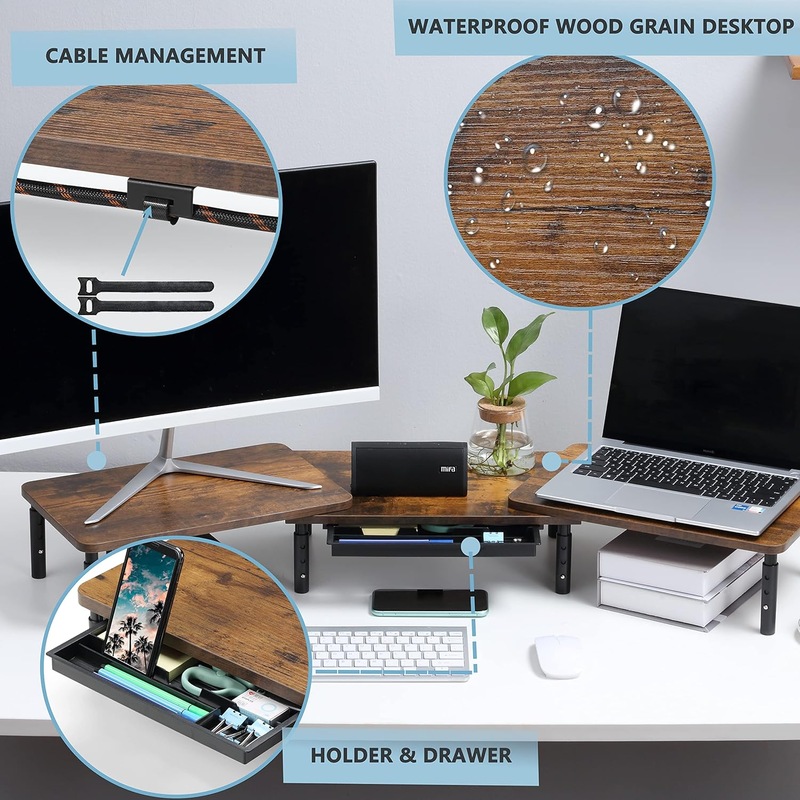 Buy Dual Monitor Stand Riser 2 Monitors Storage Drawer 3 Shelves PC ...