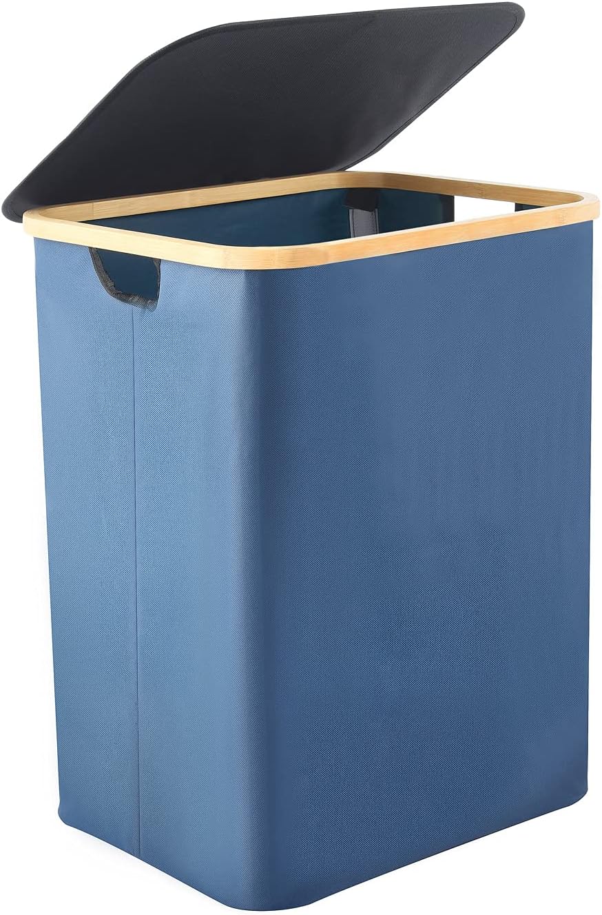 Buy Folding Bamboo & Canvas Laundry Hamper - Single Basket with Lid ...