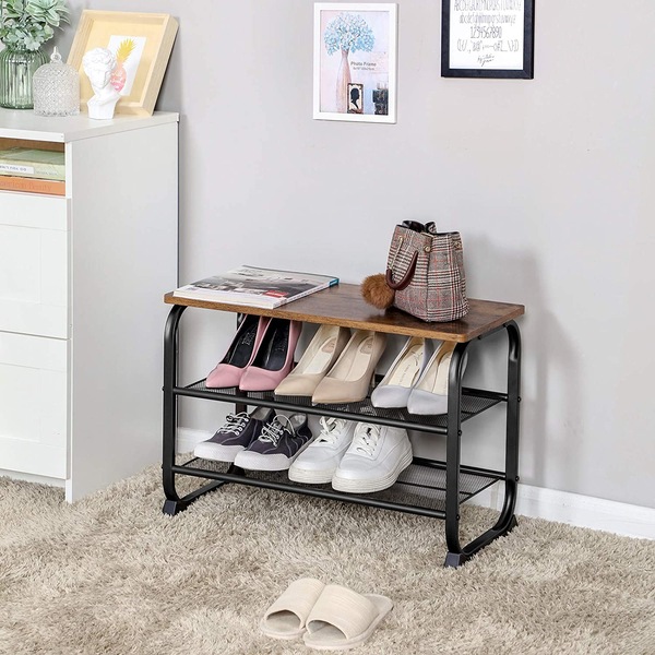 Buy Rustic Brown Industrial Shoe Bench with 2 Mesh Shelves and Rounded ...