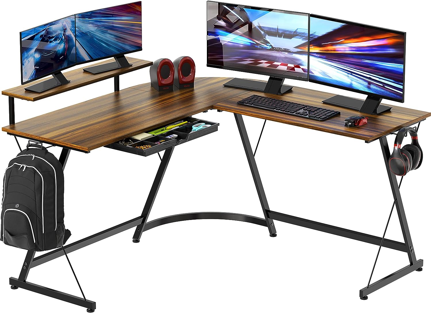 Buy Walnut Gaming L-Desk with Monitor Stand - MyDeal Australia