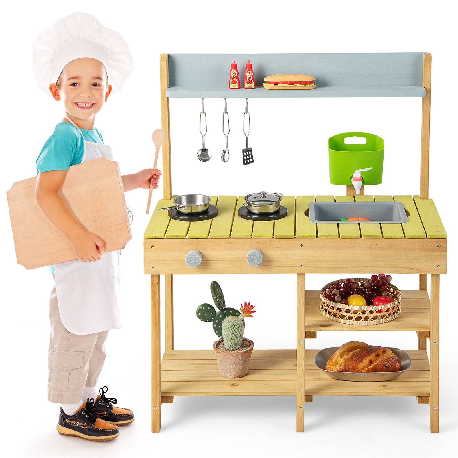 Buy Babyjoy Kids Play Kitchen Backyard Pretend Play Toy Kitchen w/Stove ...