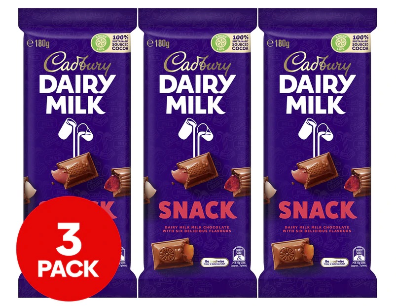 Buy 3 x Cadbury Dairy Milk Snack Chocolate Block 180g - MyDeal Australia