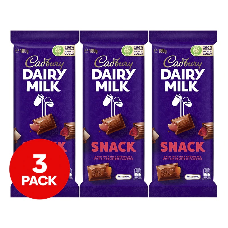 Buy 3 x Cadbury Dairy Milk Snack Chocolate Block 180g - MyDeal